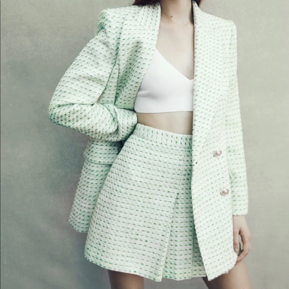 Zara | Jackets & Coats | Zara 2 Piece Textured Blazer W Pleated Skirt Matching Set Nwt | Poshmark